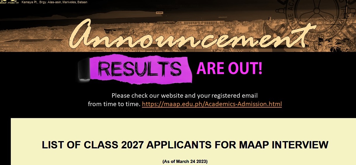 MAAP Entrance Exam Result 2023 Passers List maap.edu.ph