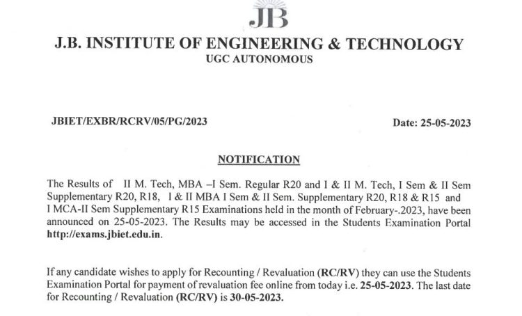Jbiet results | II M. Tech, MBA-I Sem. Regular R20 Feb-2023 AND I, II ...