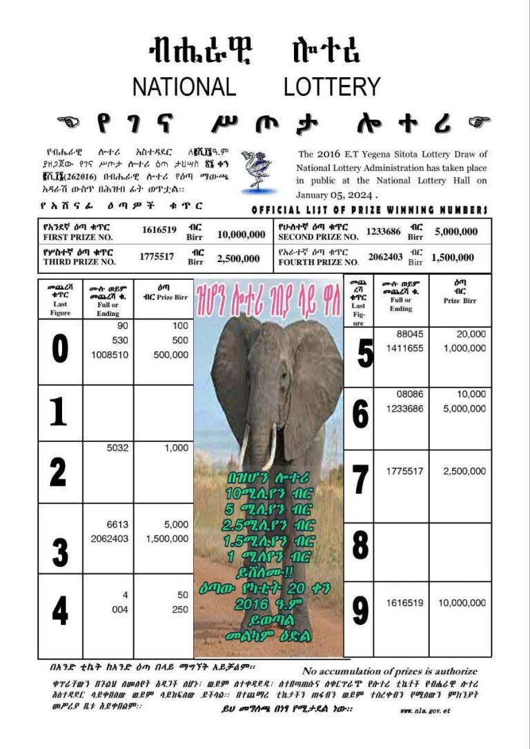 ብሔራዊ ሎተሪ የገና ስጦታ ሎተሪ Ethiopia 2016 Yegena Sitota Lottery Result Winning ...