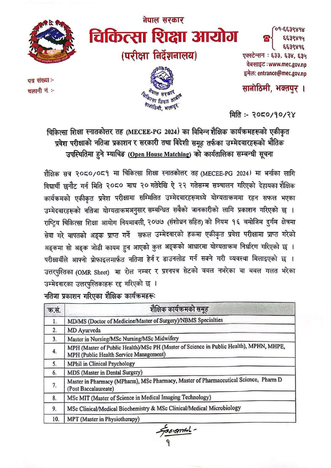 MECEE PG 2024 Results February 2080 MD/MS/MPhil/Msc mec.gov.np