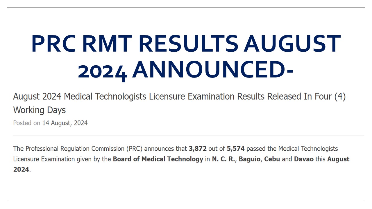 PRC RMT Results August 2024 Out 3,872 Out of 5574 Passed