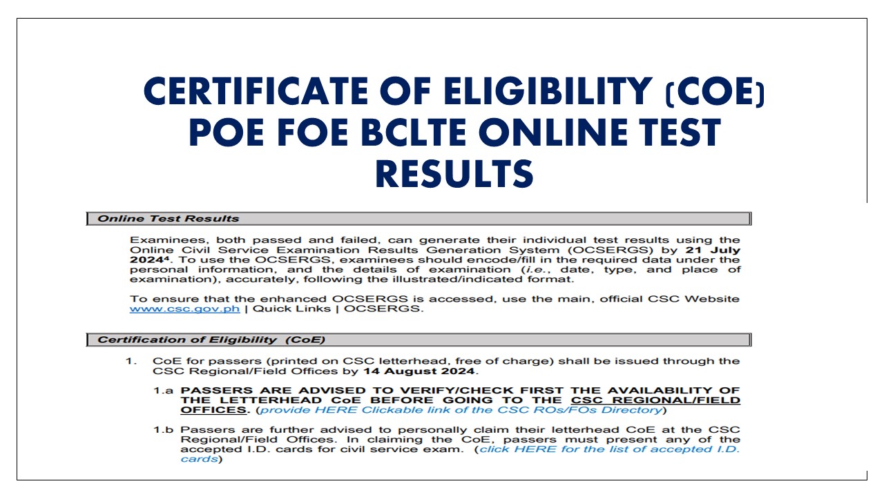 Certificate of Eligibility (CoE) POE FOE BCLTE Online Test Results ...