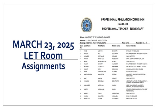 March 23, 2025 PRC LET Room Assignment 2025 Elementary Secondary Level ...