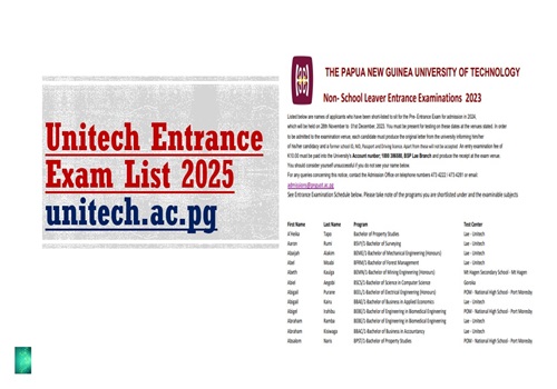 Unitech NSL Entrance Exam List 2025 PDF Download www.unitech.ac.pg