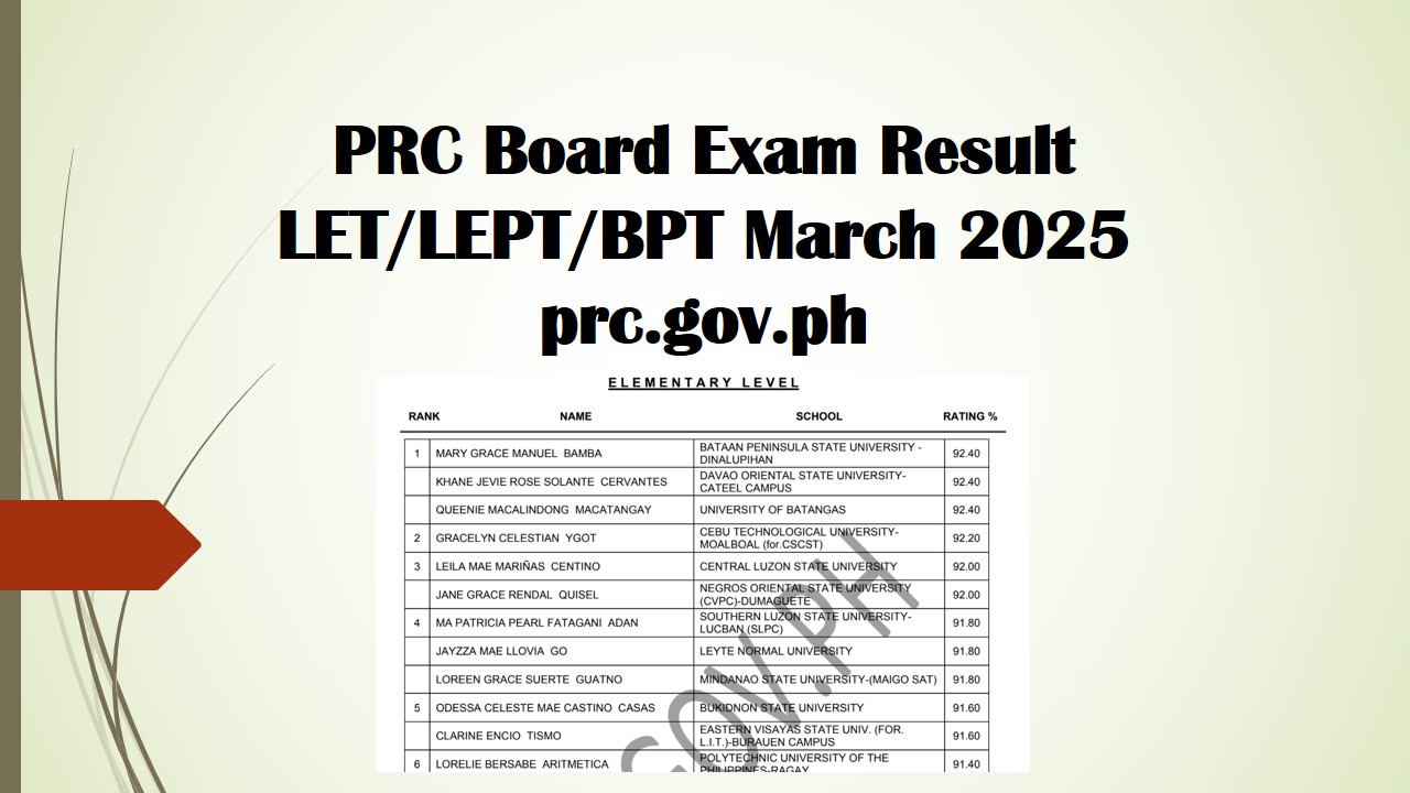 PRC Board Exam Result LET/LEPT/BPT March 2025 prc.gov.ph