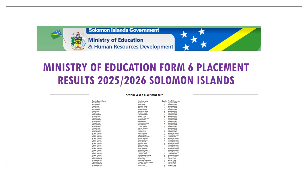 Ministry of Education Form 6 Placement Results 2025/2026 Solomon Islands